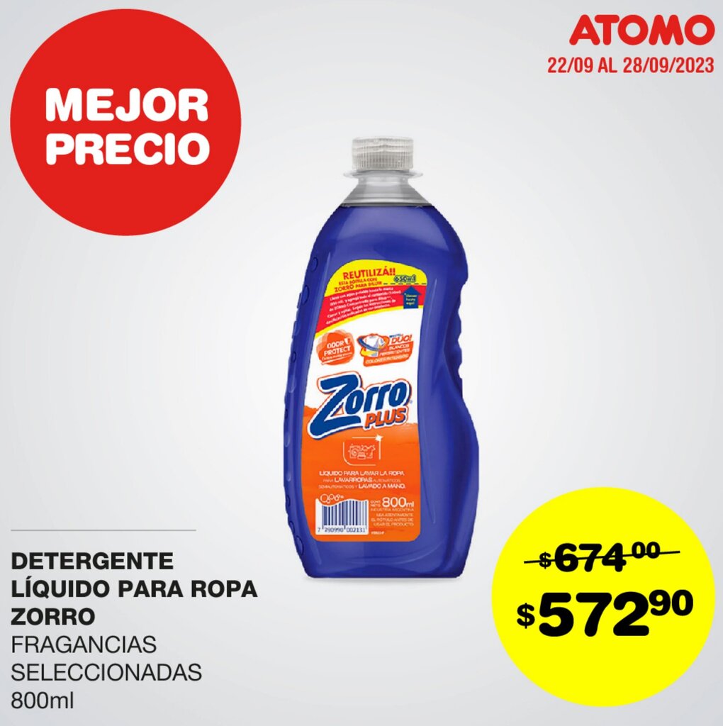 DETERGENTE LÍQUIDO PARA ROPA ZORRO 800ml oferta en Atomo Conviene