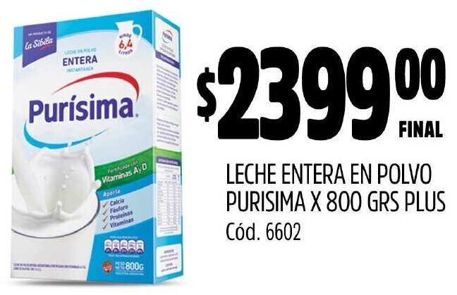 LECHE ENTERA EN POLVO PURISIMA X 800 GRS PLUS oferta en Supermercados ...