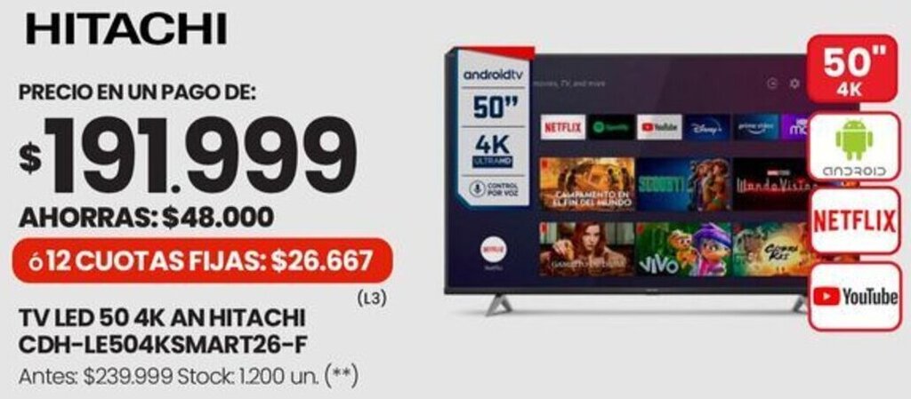 HITACHI TV LED 50 4K AN HITACHI CDH-LE504KSMART26-F oferta en Punto ...