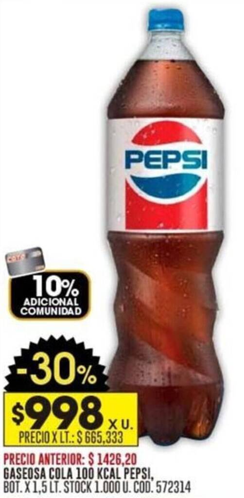 GASEOSA COLA 100 KCAL PEPSI, BOT. X 1,5 LT oferta en Coto
