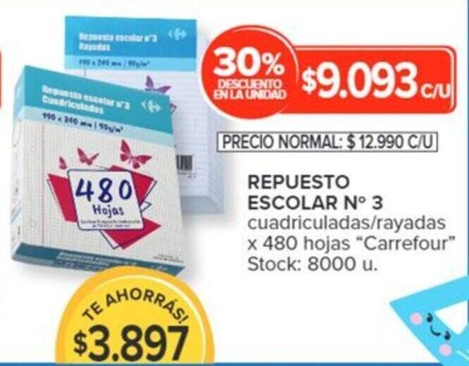 REPUESTO ESCOLAR N° 3 cuadriculadas/rayadas x 480 hojas oferta en Carrefour