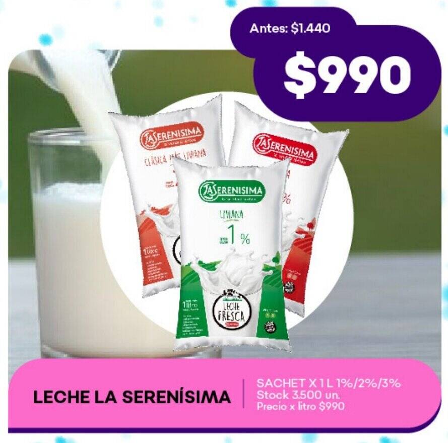 LECHE LA SERENÍSIMA SACHET X 1L 1%/2%/3% oferta en Supermercados Tadicor