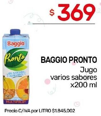 Baggio pronto jugo varios sabores 200 ml. oferta en Nini Mayorista
