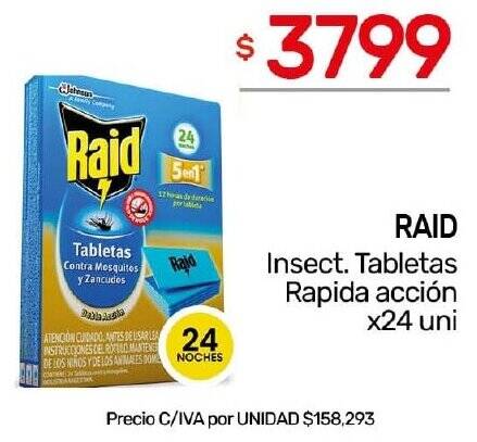 Raid insect. tabletas rapida acción 24 u oferta en Nini Mayorista
