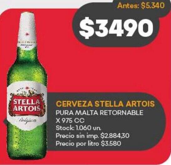 Cerveza stella artois pura malta retornable 975 cc oferta en Supermercados Tadicor