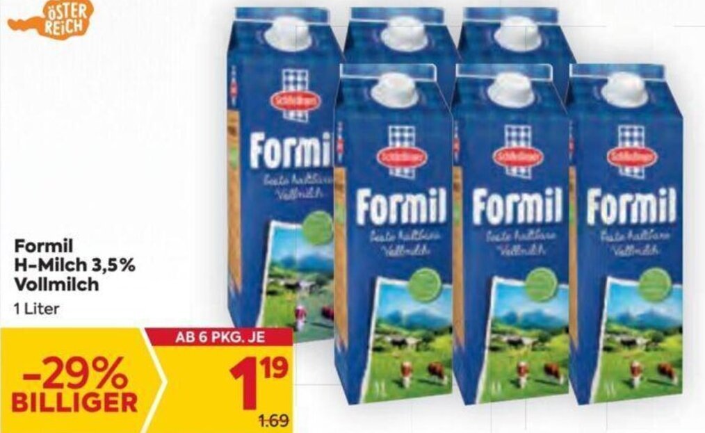 Formil H-Milch 3,5% Vollmilch 1 Liter Angebot bei Billa