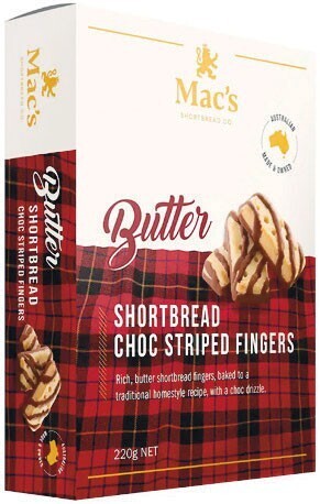 Mac’s butter shortbread choc striped fingers 220g offer at Woolworths