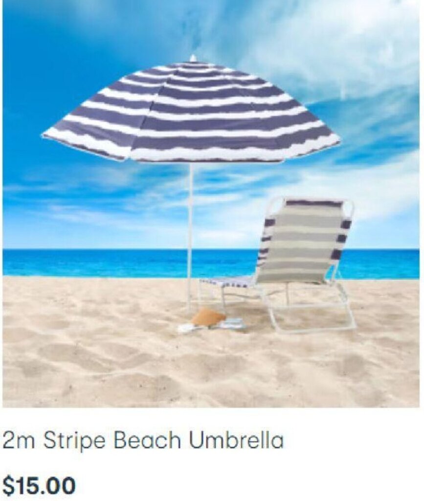 2m Stripe beach umbrella offer at Kmart