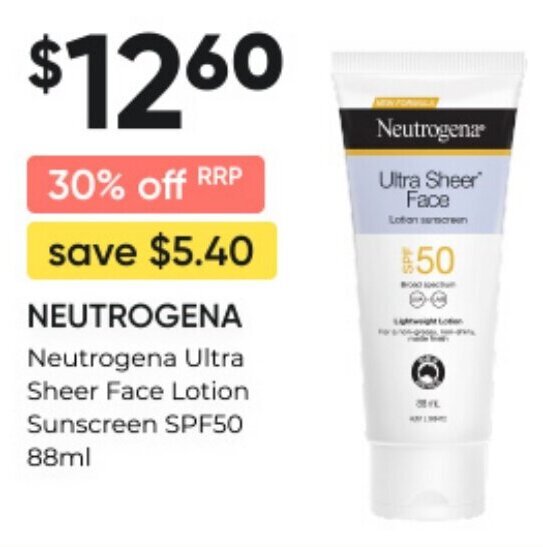 Neutrogena Ultra Sheer Face Lotion Sunscreen Spf50 88ml Offer At Woolworths