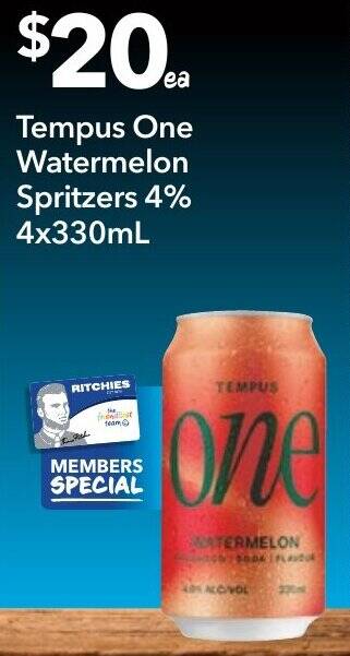 Tempus One Watermelon Spritzers 4% 4 x 330 mL offer at Ritchies