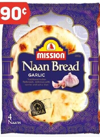 Mission naan bread garlic 280 g offer at Foodland