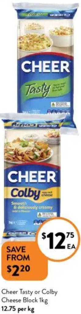 Cheer Tasty or Colby Cheese Block 1 kg offer at Foodworks