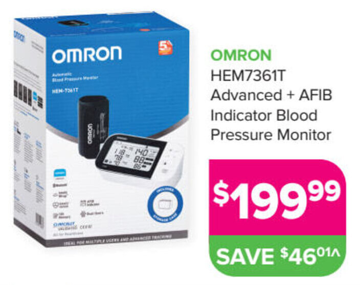 Omron HEM7361T Advanced + AFIB Indicator Blood Pressure Monitor offer ...