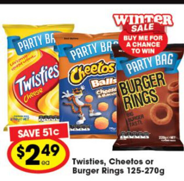 Twisties, Cheetos or Burger Rings 125-270g offer at Ritchies