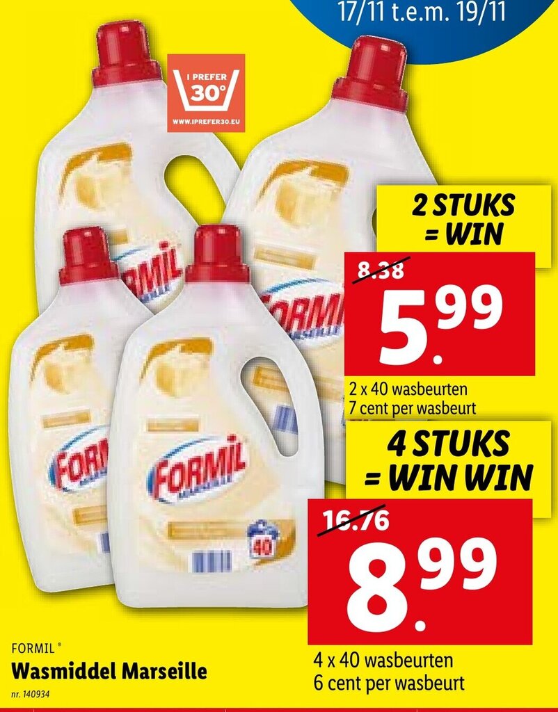 Formil wasmiddel marseille 2x40 wasbeurten nr. 140934 promotie bij Lidl