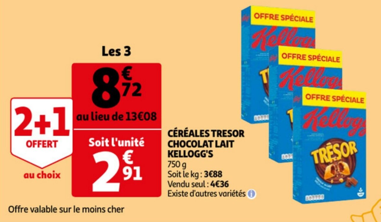 Kellogg's cereales tresor chocolat lait 750g promotie bij Auchan Kellogg's cereales tresor chocolat lait 750g promotie bij Auchan