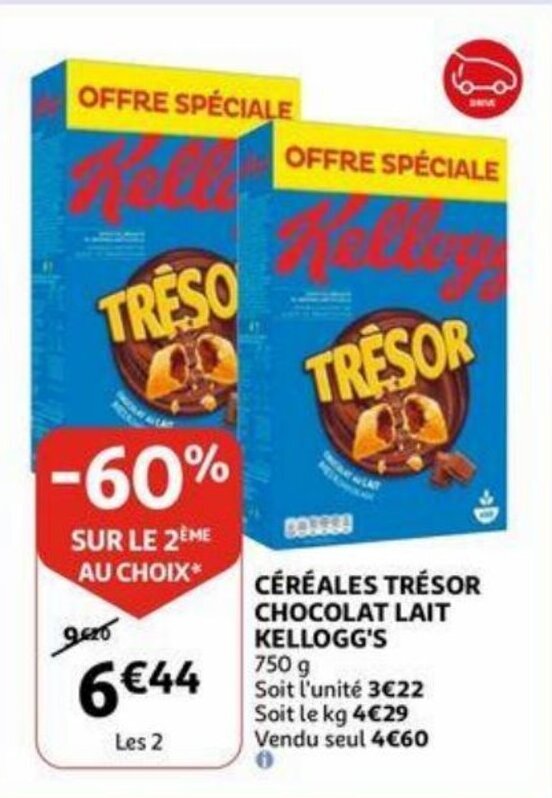 Kellogg's cereales tresor chocolat lait 750g promotie bij Auchan Kellogg's cereales tresor chocolat lait 750g promotie bij Auchan