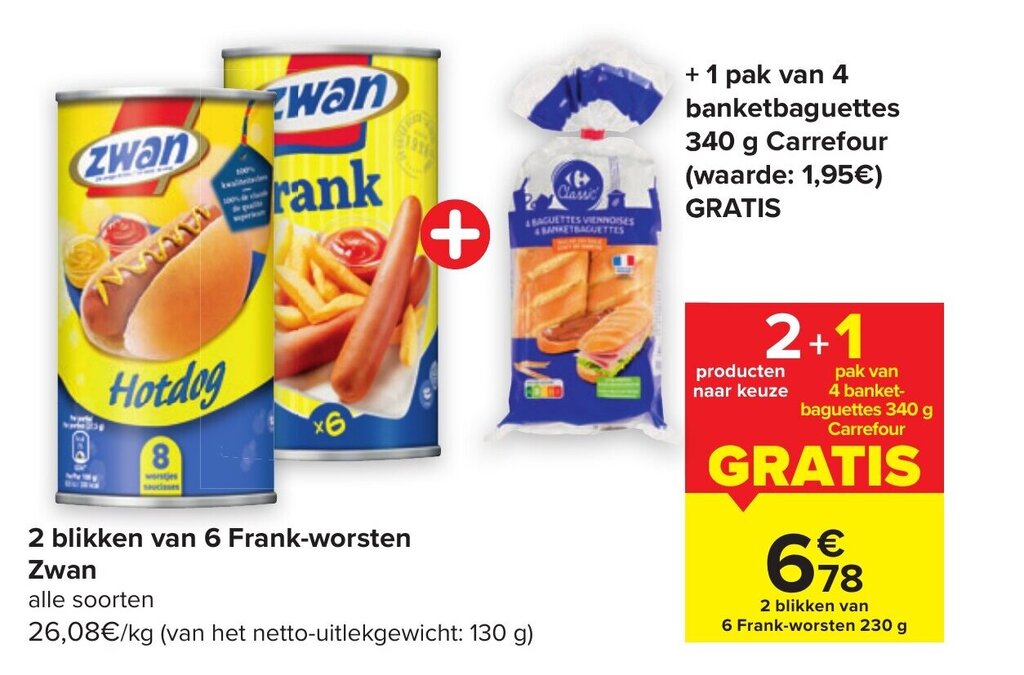 Zwan 2 Blikken van 6 Frank-worsten 230g promotie bij Carrefour