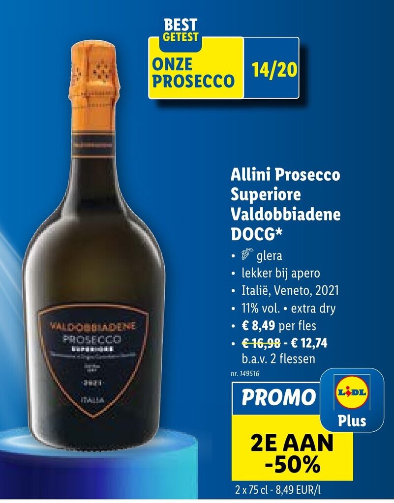 Allini Prosecco Superiore Valdobbiadene DOCG 11% vol. extra dry 2 x 75cl nr. 149516 promotie bij ...
