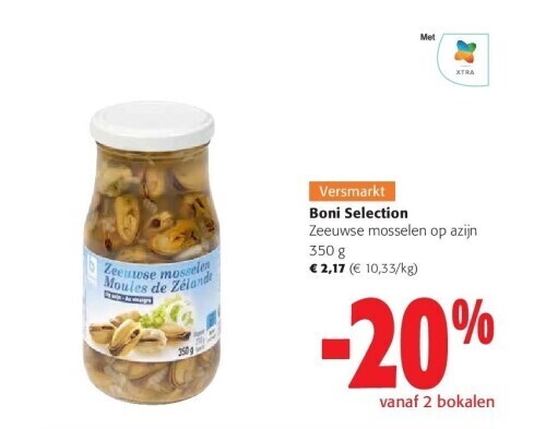 Boni selection zeeuwse mosselen op azijn 350 g promotie bij Colruyt