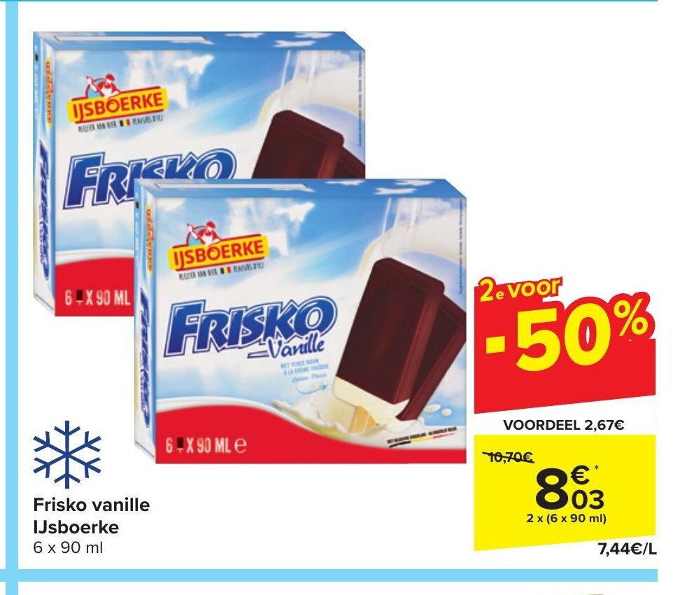 IJsboerke Frisko vanille 6 x 90 ml promotie bij Carrefour