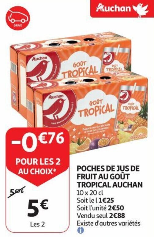 POCHES DE JUS DE FRUIT AU GOÛT TROPICAL AUCHAN 10 x 20 cl promotie bij ...