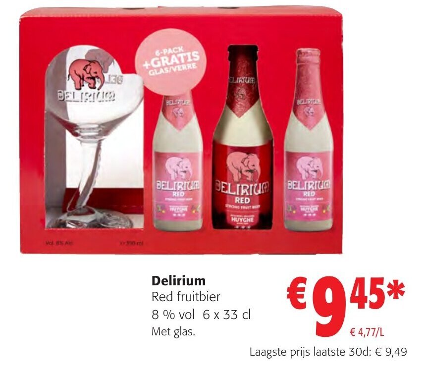 Delirium Red fruitbier 8% vol 6 x 33 cl Met glas. promotie bij Colruyt