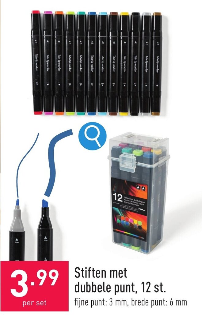 Stiften met dubbele punt, 12 st. fijne punt: 3 mm, brede punt: 6 mm ...