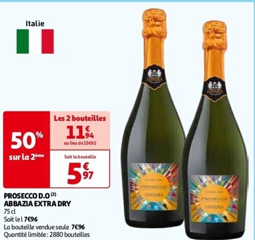Prosecco d.o (2) abbazia extra dry 75 cl promotie bij Auchan