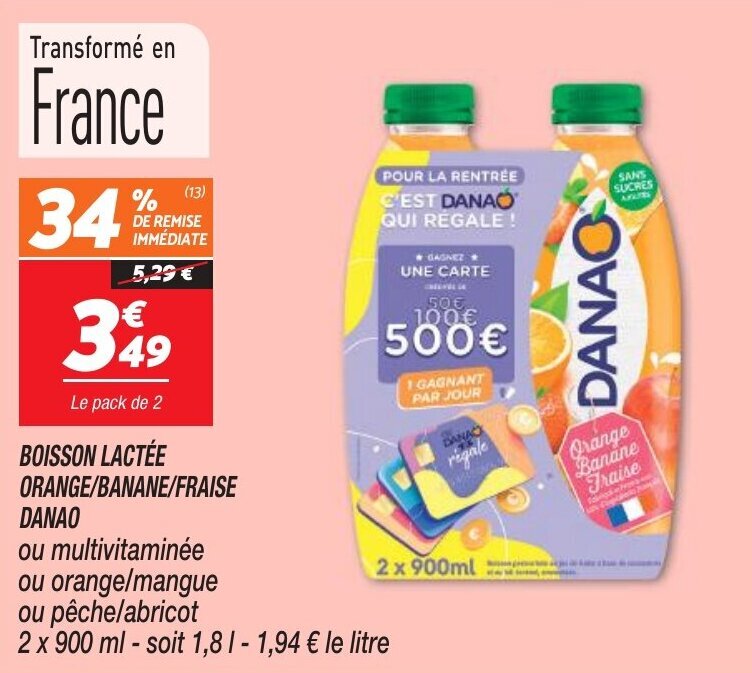 DANAO BOISSON LACTÉE ORANGE/BANANE/FRAISE 2 x 900ml promotie bij Netto