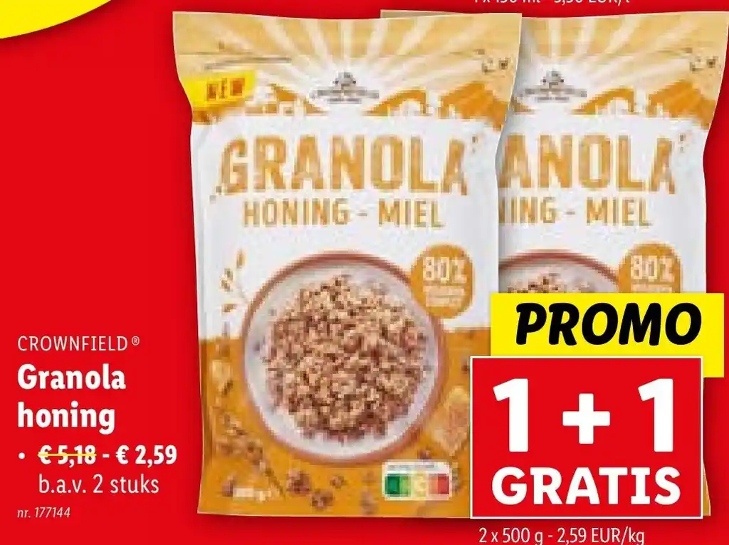 CROWNFIELD Granola honing 2 x 500g promotie bij Lidl