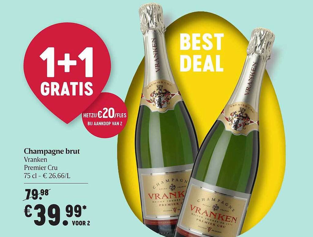 Champagne Brut Vranken Premier Cru 75 cl 1+1 gratis promotie bij Delhaize