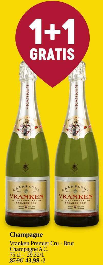 Vranken Premier Cru - Brut Champagne A.C. 75cl 1+1 gratis promotie bij Delhaize
