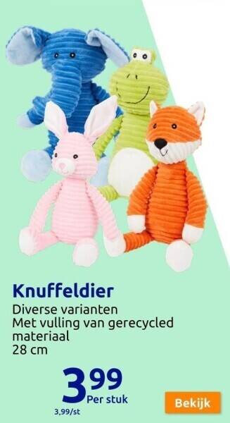 Zittende knuffel rib cord ca.28cm div.varianten promotie bij Action