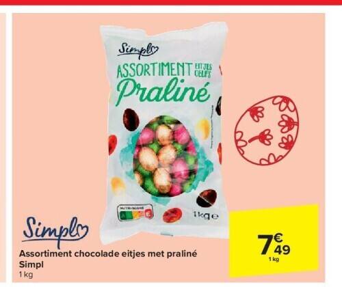 Assortiment chocolade eitjes met praliné Simpl 1 kg promotie bij Carrefour