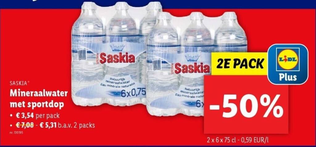 Saskia Mineraalwater met sportdop 2 x 6 x 75 cl promotie bij Lidl