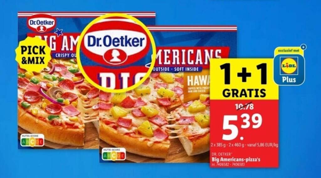 Dr. oetker big americans pizza's 2X 385 G 1+1 GRATIS promotie bij Lidl