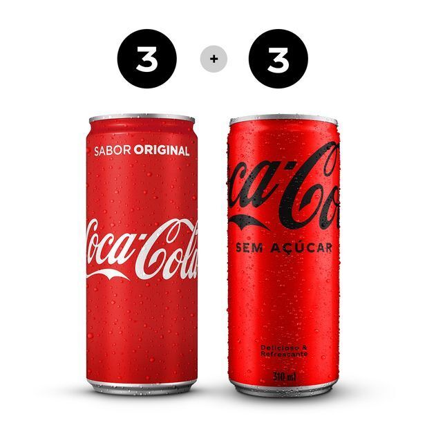Kit 3 coca-cola sabor original lata 310ml + 3 coca-cola sem açúcar lata ...