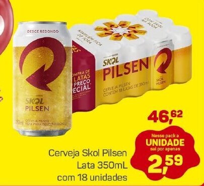 Cerveja Skol Pilsen Lata 350mL com 18 unidades oferta na Supermercados São Vicente