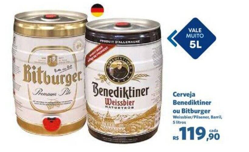 Cerveja Benediktiner ou Bitburger Weissbier/Pilsener, Barril, 5 litros ...