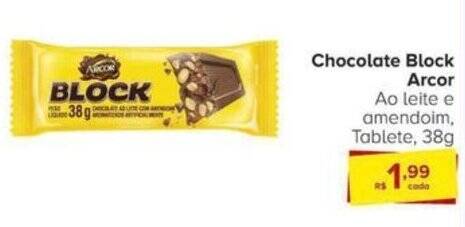 Chocolate Block Arcor Ao leite e amendoim, Tablete, 38g oferta na Carrefour