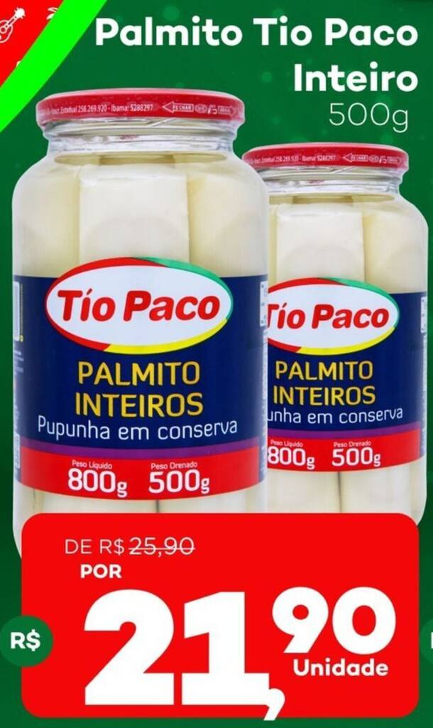 Palmito Tio Paco Inteiro 500 g oferta na Mart Minas