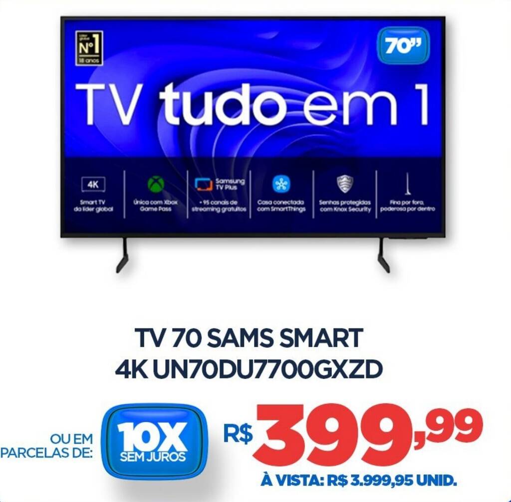 Tv 70 sams smart 4K UN70DU7700GXZD oferta na DB Supermercados