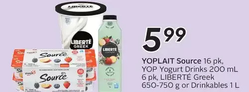 Yoplait source, yop yogurt drinks, liberté greek or drinkables offer at Sobeys