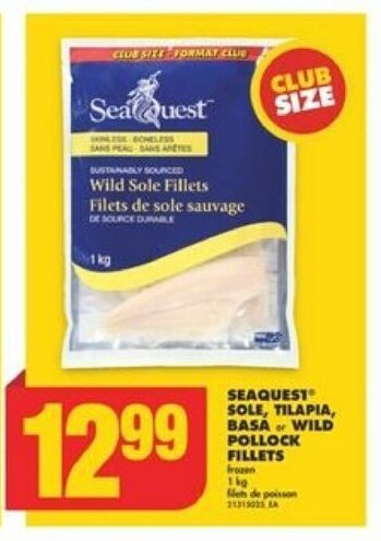 SEAQUEST SOLE, TILAPIA, BASA WILD POLLOCK FILLETS 1 kg offer at No Frills