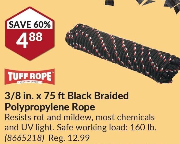 TUFF ROPE 3/8 in. x 75 ft Black Braided Polypropylene Rope offer at ...