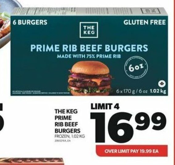 THE KEG PRIME RIB BEEF BURGERS FROZEN, 1.02 KG offer at Real Canadian ...