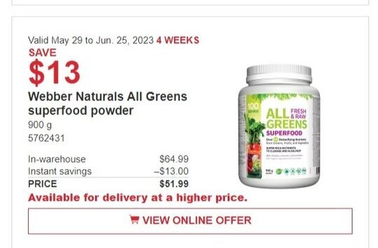 Webber Naturals All Greens superfood powder 900 g offer at Costco