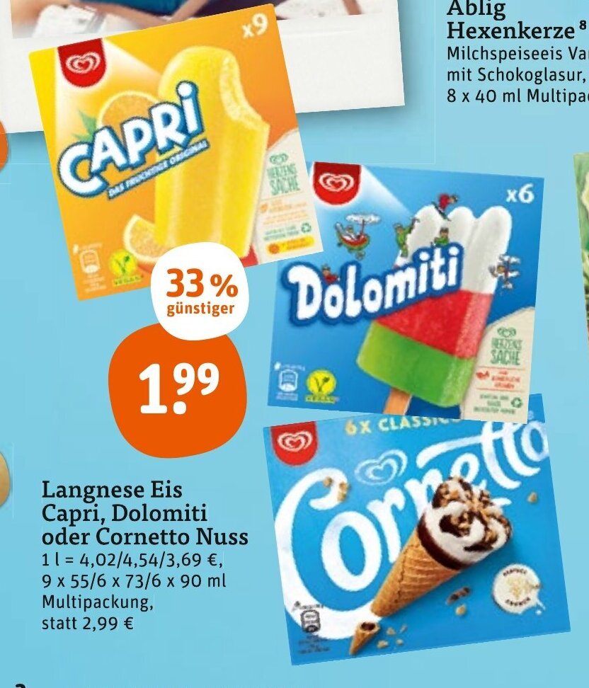 Langnese Eis Capri- Dolomiti oder Cornetto Nuss 9 x55/6 x 73/6 x 90 ml ...