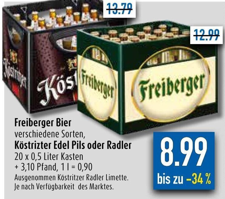 Freiberger Bier, Köstritzer Edel Pils oder Radler 20x0,5 Liter Kasten ...